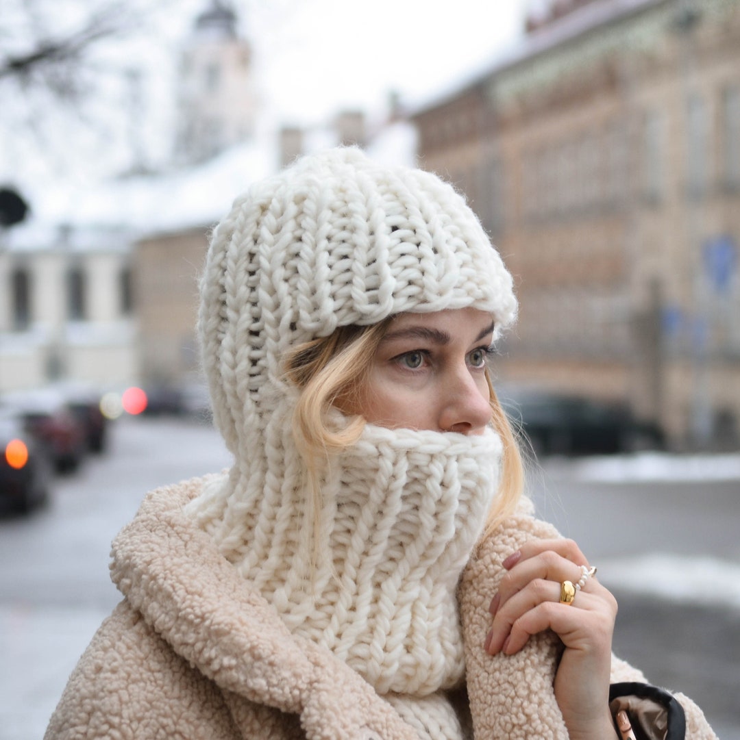 Chunky Hand Knit Wool Balaclava Hat Womens Warm Helmet Fall - Etsy
