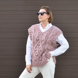 Oversized Hand Knitted Wool Sweater Vest, Cable Knit Sleeveless Sweater ...
