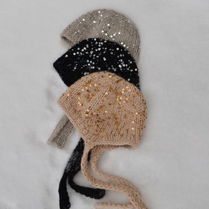 Spring Handknit Shiny Beanie Cap With Ties for Women, Modern Handmade ...