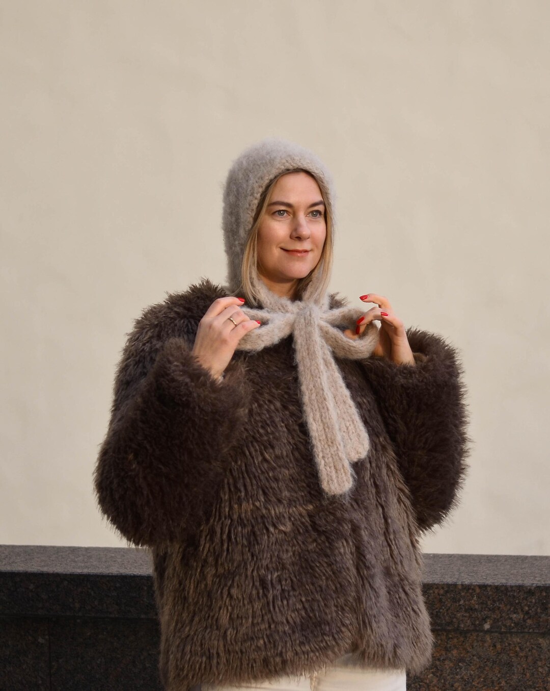Mohair Knitted Bow Tie Bonnet for Women, Fluffy Handmade Balaclava ...
