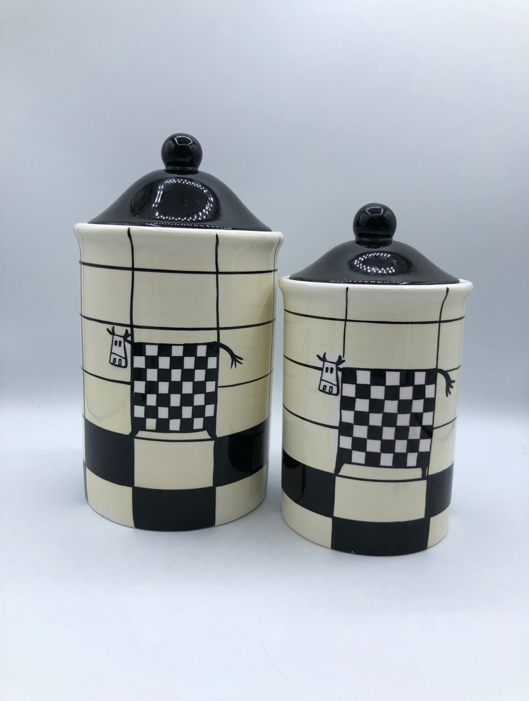 Cute Checkerboard Cow Canisters, Set of Two, Cow Themed Kitchen Storage ...