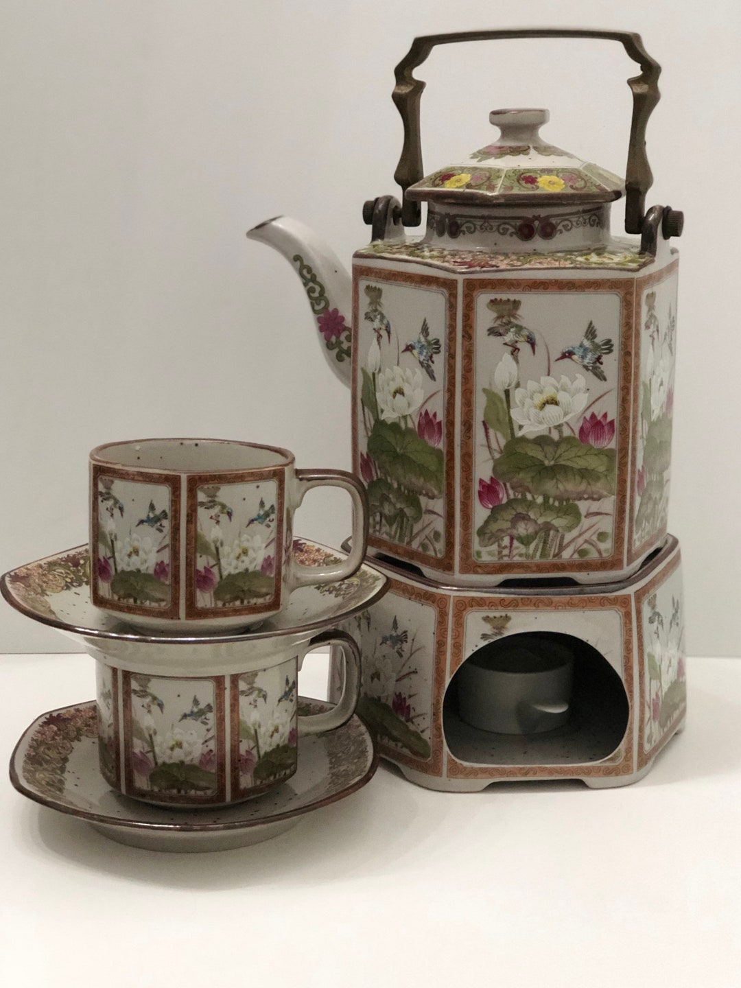 Japanese Satsuma Teapot, Brass Handle With Two Matching Cups & Saucers ...