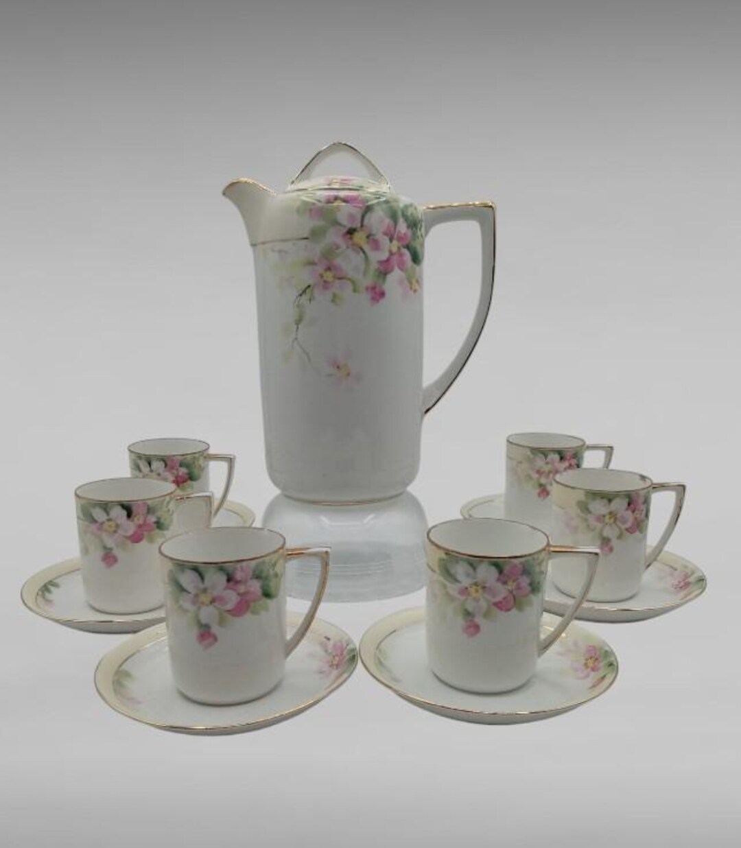 Antique Nippon Hand Painted Hot Cocoa Set, Cocoa Pot With Six Cups and ...