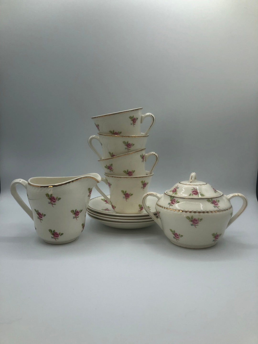Portland Potteries Pretty Rose Tea Set, Tea Cups, Saucers With Cream ...