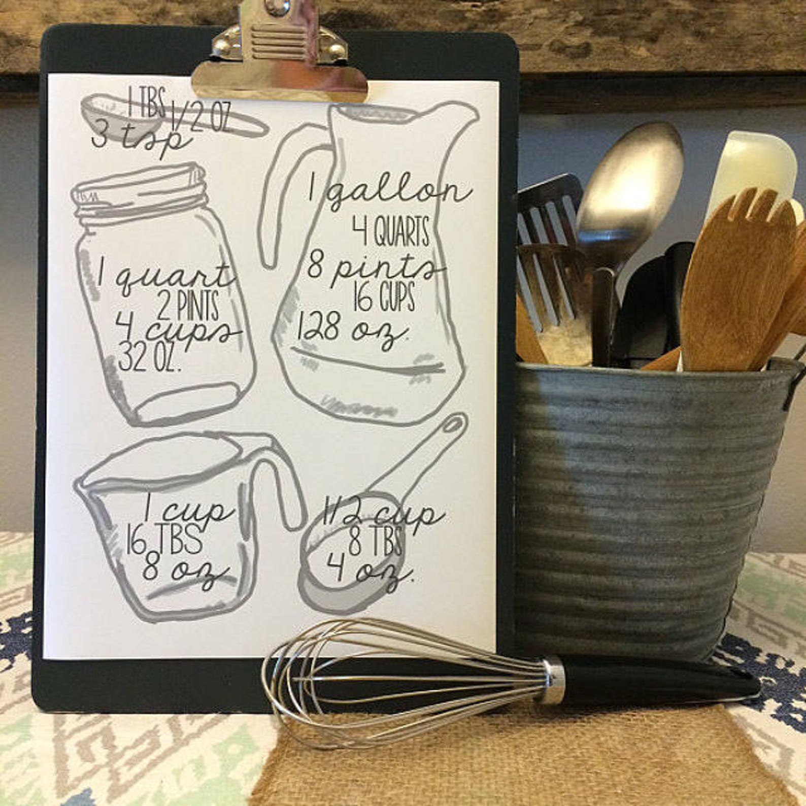 Hand-drawn Vintage Style Conversion Chart Kitchen Art--farmhouse Decor ...