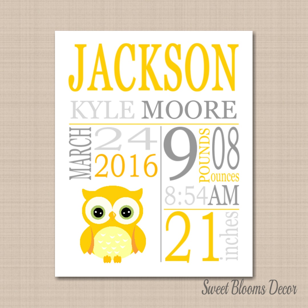 Owl Birth Print,yellow Gray Owl Birth Announcement,owl Baby Shower ...