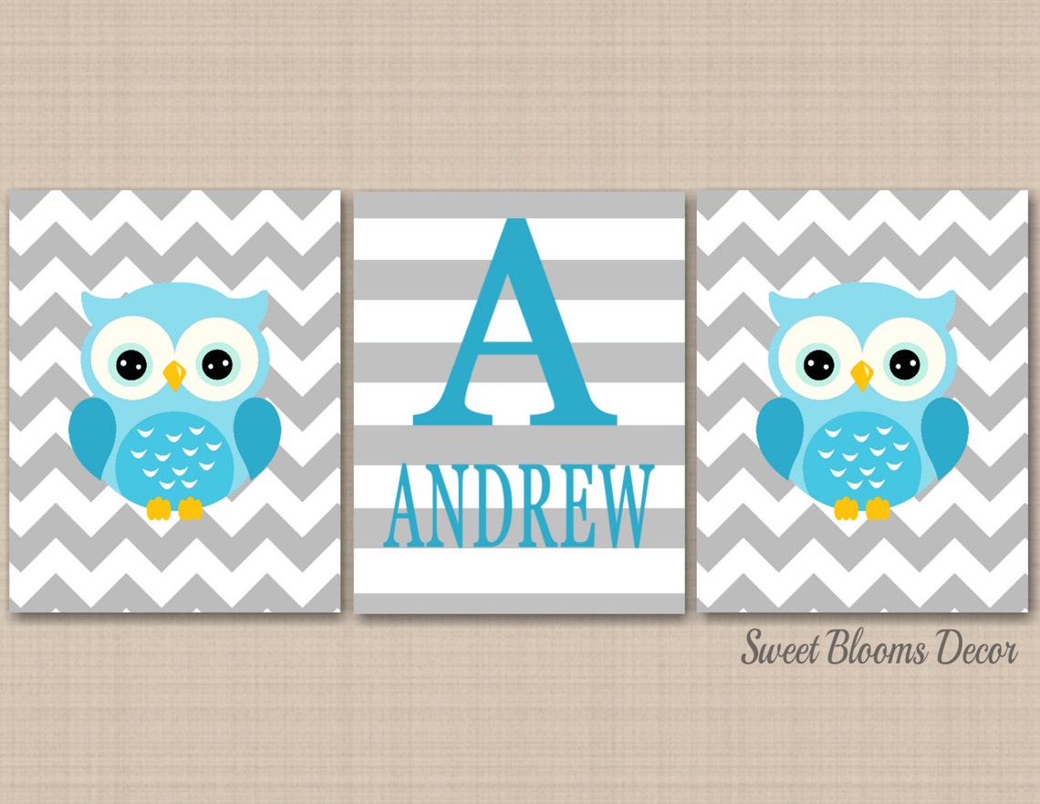 Owls Nursery Wall Art Baby Blue Gray Chevron Stripes Name - Etsy