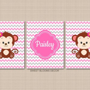 Monkeys Girl Nursery Wall Art Decor Pink Gray Chevron Baby Girl Bedroom ...