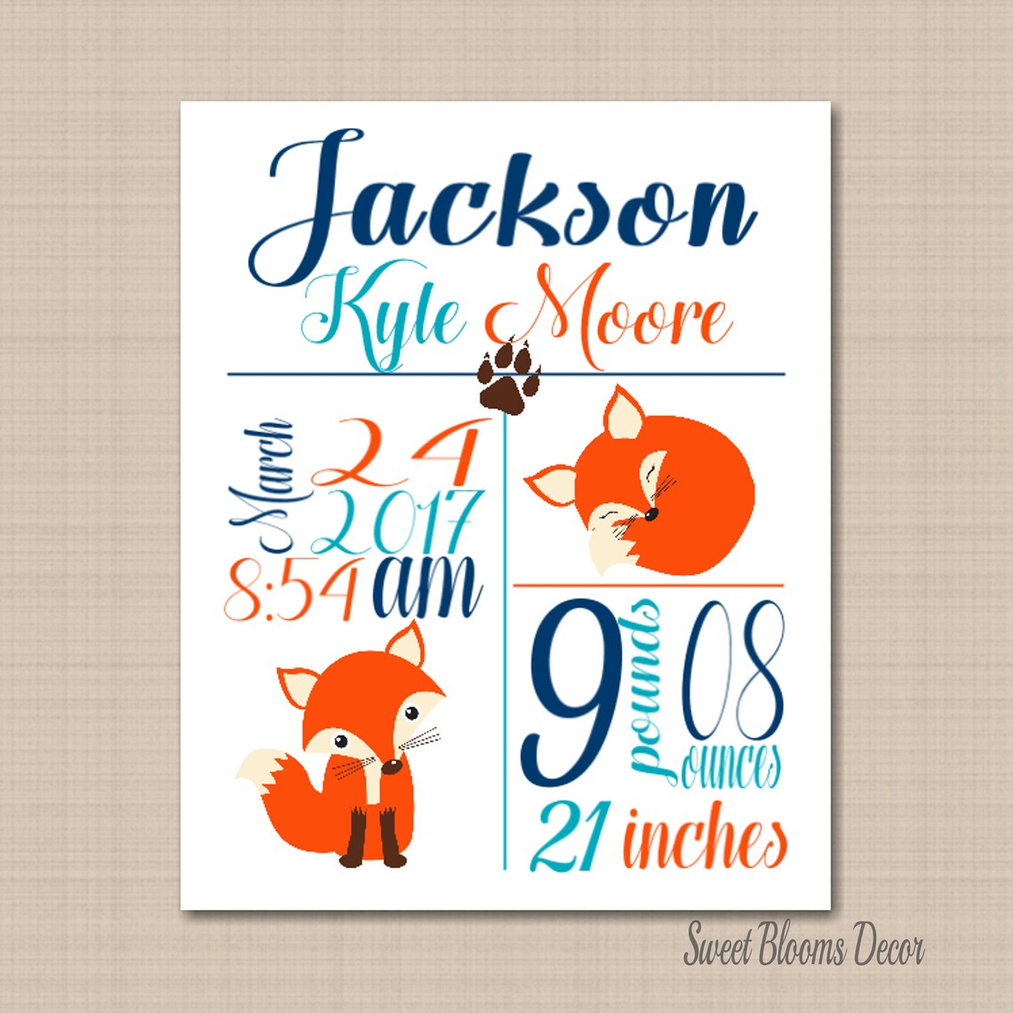 Fox Birth Print Fox Birth Announcement Fox Nursery Navy | Etsy
