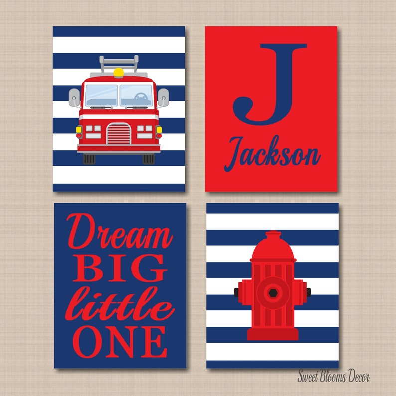 Fire Truck Nursery Wall Art Fire Truck Kids Bedroom Decor Red Navy Blue ...