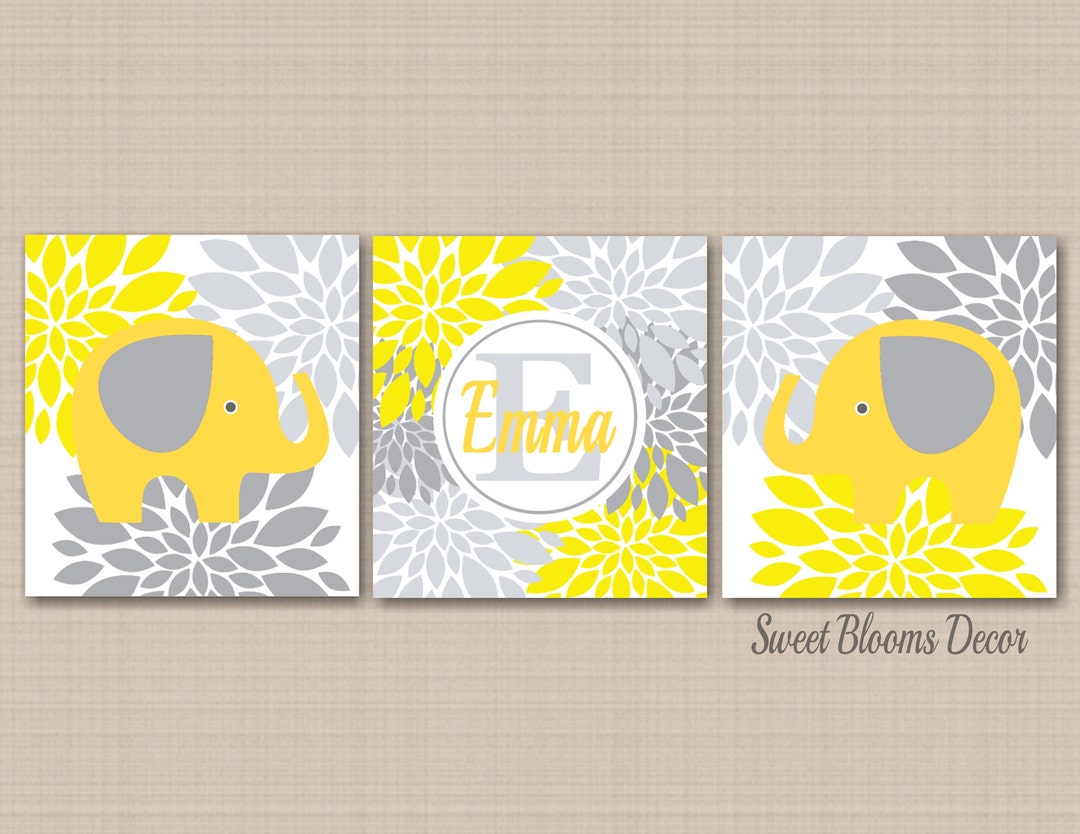 Yellow Gray Elephants Nursery Wall Art Decor Gilr Boy Neutral Nursery ...