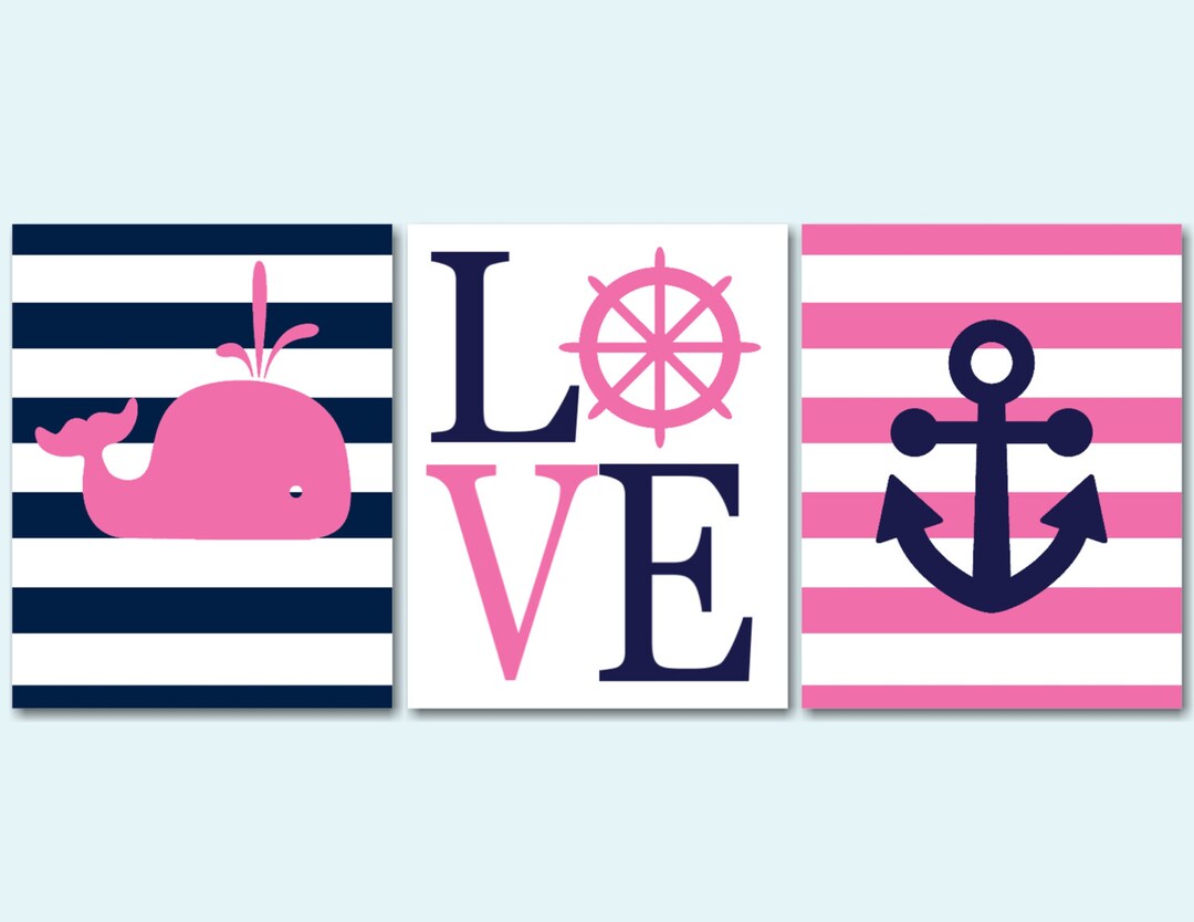 Nautical Girl Nursery Wall Art Navy Blue Pink Whale Anchor Love Baby ...