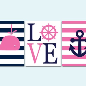 Nautical Girl Nursery Wall Art Navy Blue Pink Whale Anchor Love Baby ...
