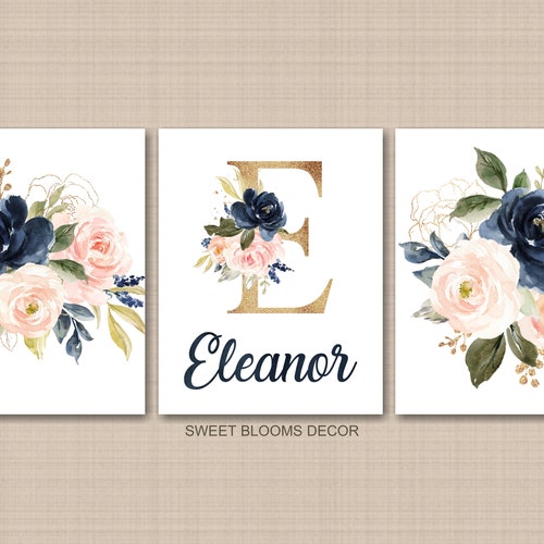 Monogram Letter Blush Pink Navy Floral Prints Girl Nursery | Etsy