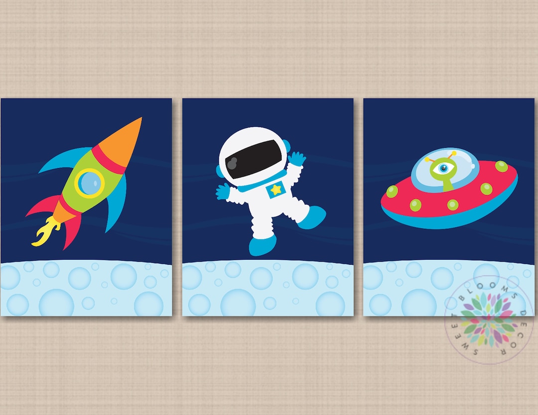Space Kids Wall Nursery Art Rockets Astronaut Spaceship Outerspace Baby ...
