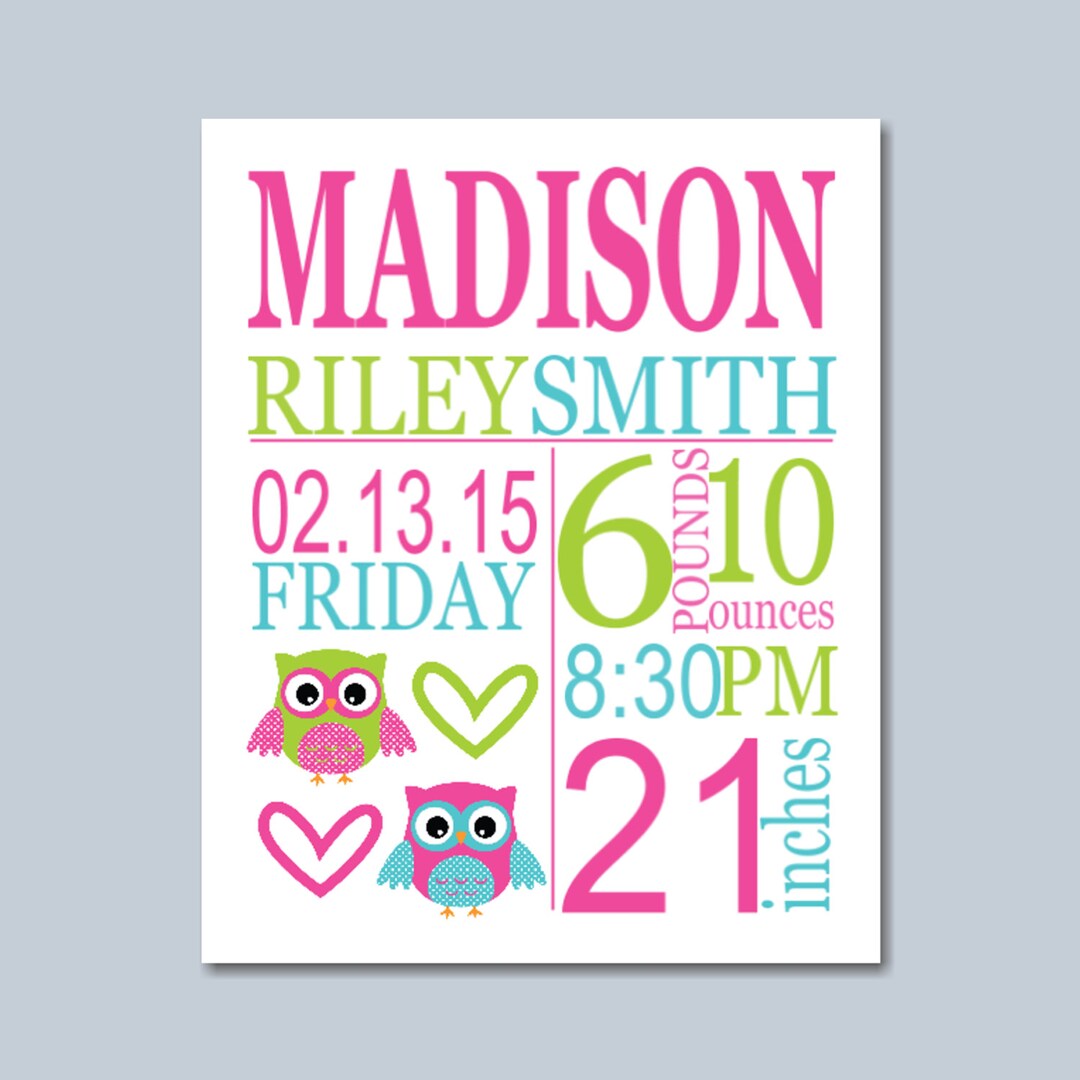 Owl Birth Print,owl Birth Announcement,pink Aqua Owl Nursery Artowl ...