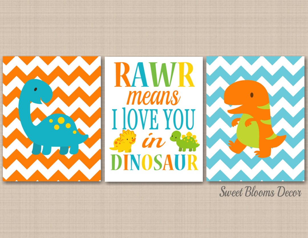 Dinosaurs Nursery Wall Art Rawr Roar Means I Love You in Dinosaur Teal ...
