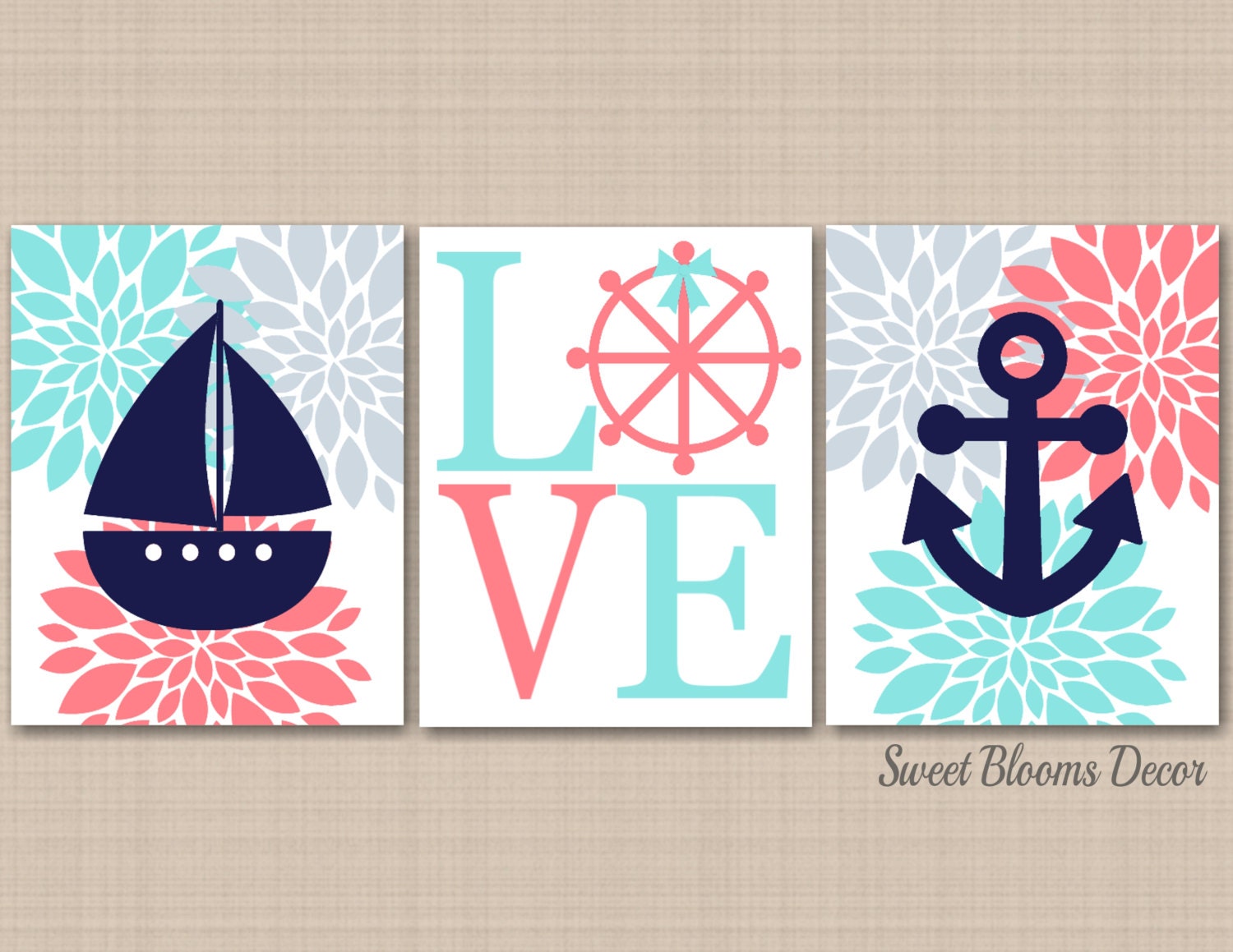 Nautical Girl Nursery Wall Art Navy Blue Coral Teal Aqua - Etsy