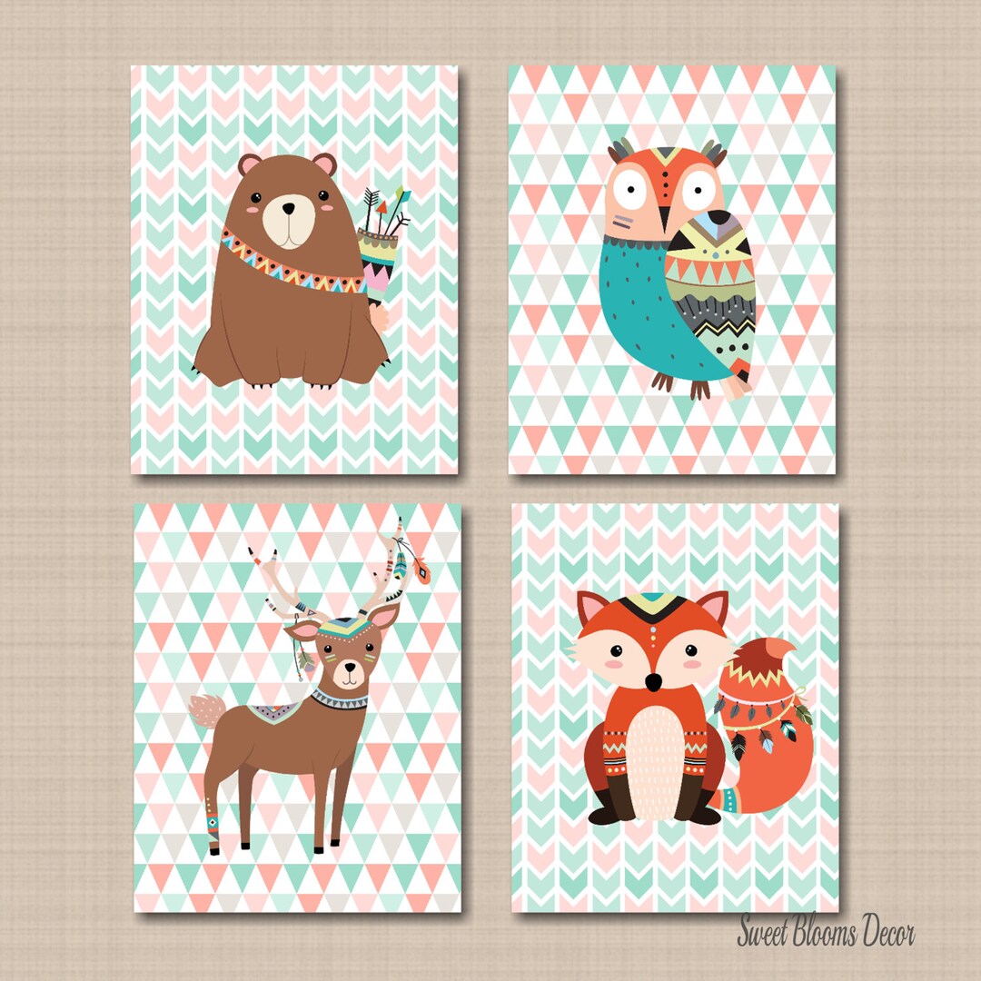 Woodland Nursery Wall Art Tribal Woodland Nursery Decor Coral Mint Teal ...