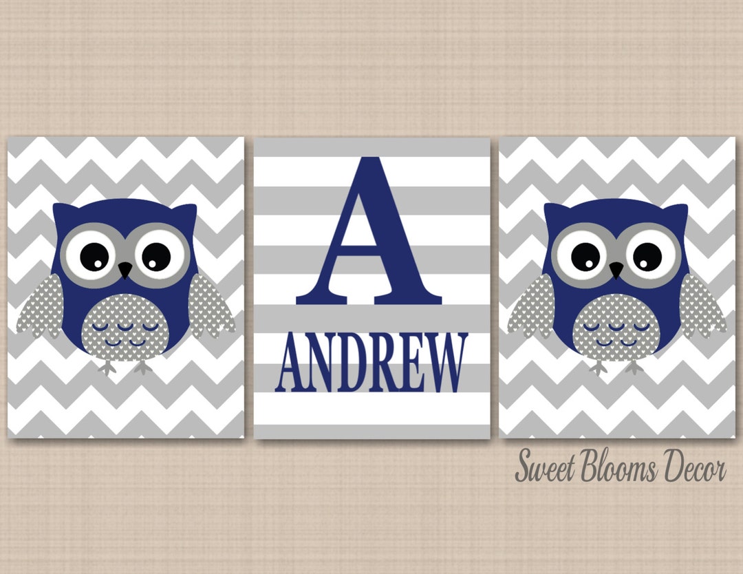 Owl Nursery Wall Art,navy Gray Owl Wall Art,owl Nursery Decor,blue Gray ...