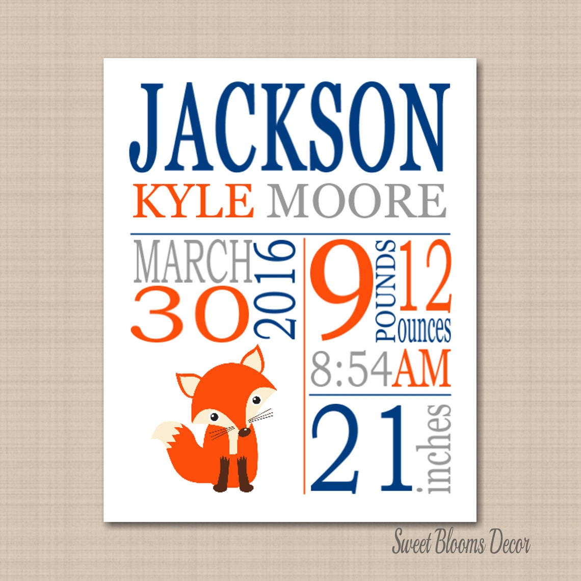 Fox Birth Print Fox Birth Announcement Fox Nursery Navy Orange | Etsy