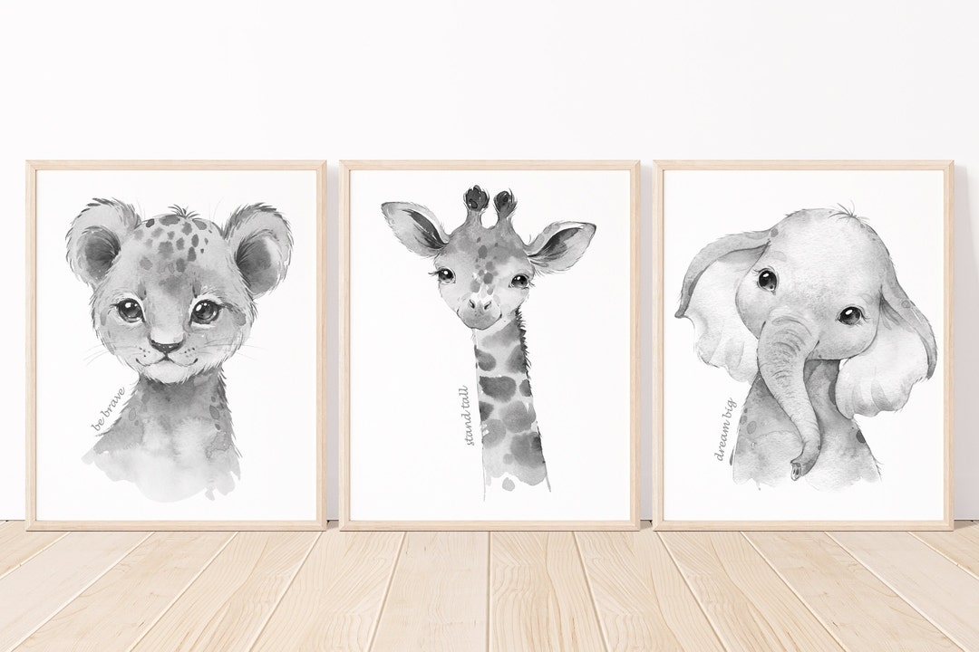 Safari Animals Nursery Wall Art Black and White Watercolor African ...