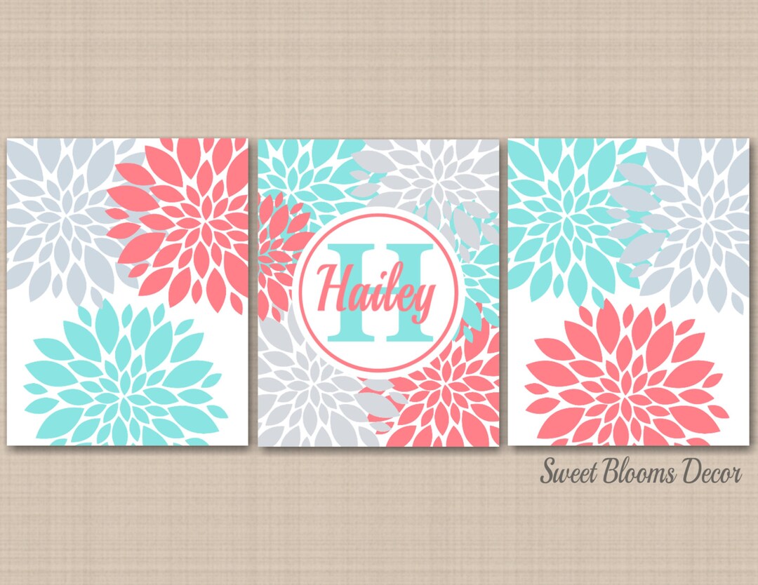 Coral Teal Gray Floral Nursery Wall Art Flowers Girl Bedroom Decor Name ...