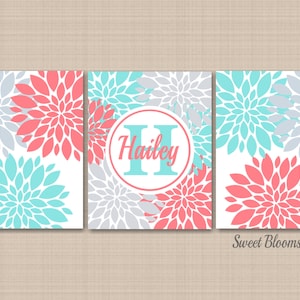 Coral Teal Gray Floral Nursery Wall Art Flowers Girl Bedroom Decor Name ...