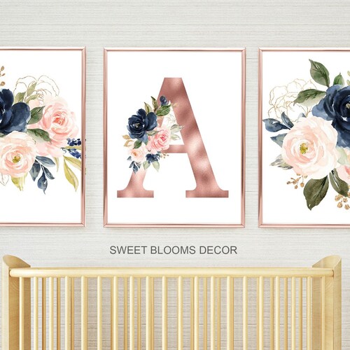 Navy Blush Flower Wall Art Navy Coral Nursery Wall Decor - Etsy