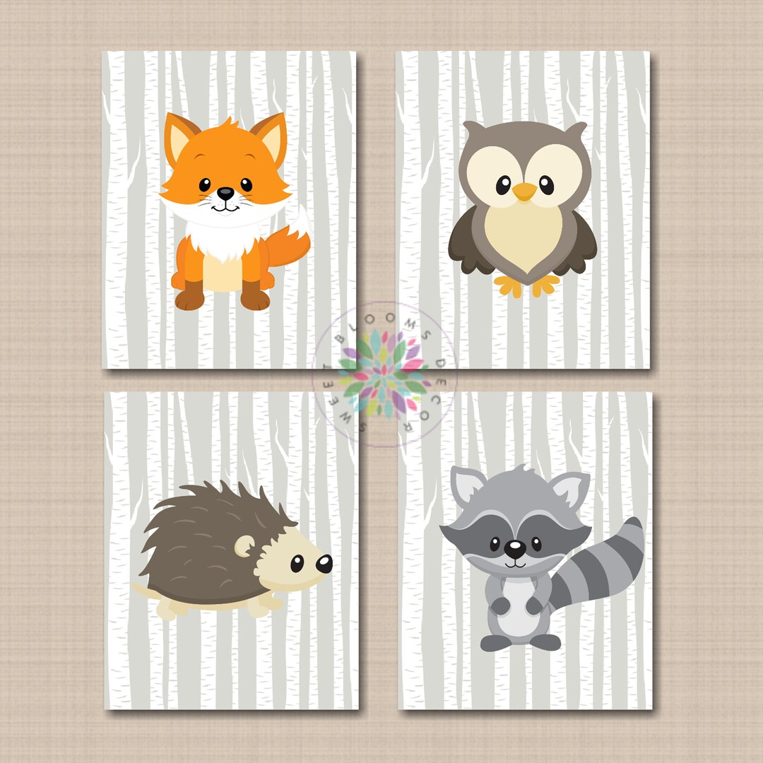 Woodland Animals Nursery Wall Art Decor Gray Birch Trees Modern Bear ...