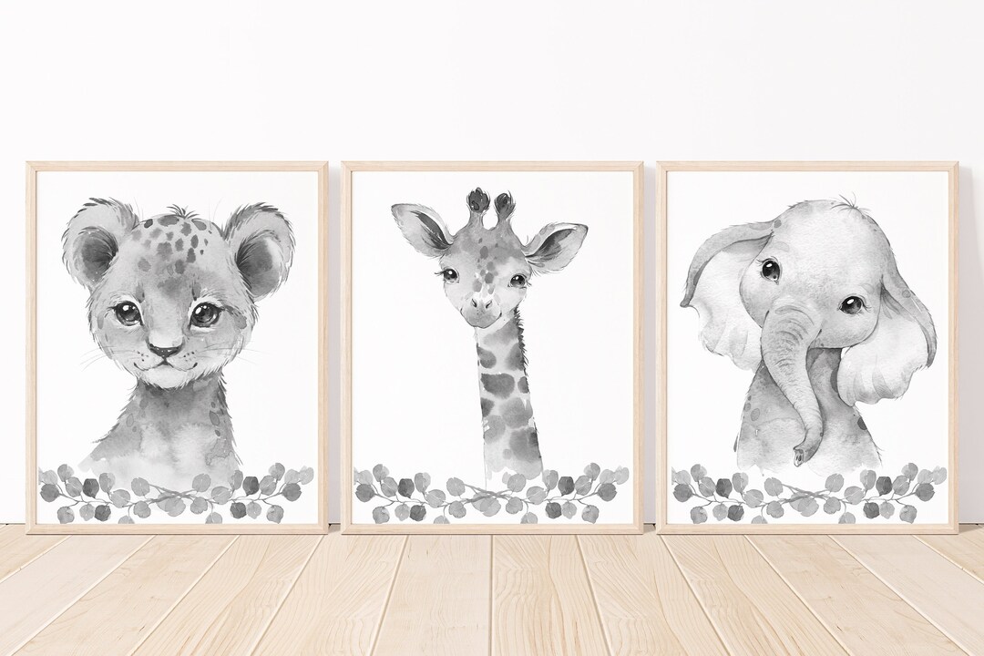 Safari Animals Nursery Wall Art Black and White Watercolor African ...