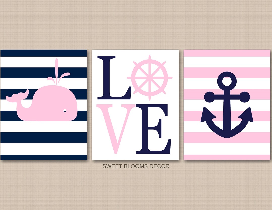 Nautical Girl Nursery Wall Art Navy Blue Pink Whale Anchor Love Girl ...