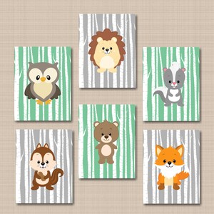 Woodland Animals Nursery Wall Art Forest Mint Gray Birch Trees Fox Bear ...