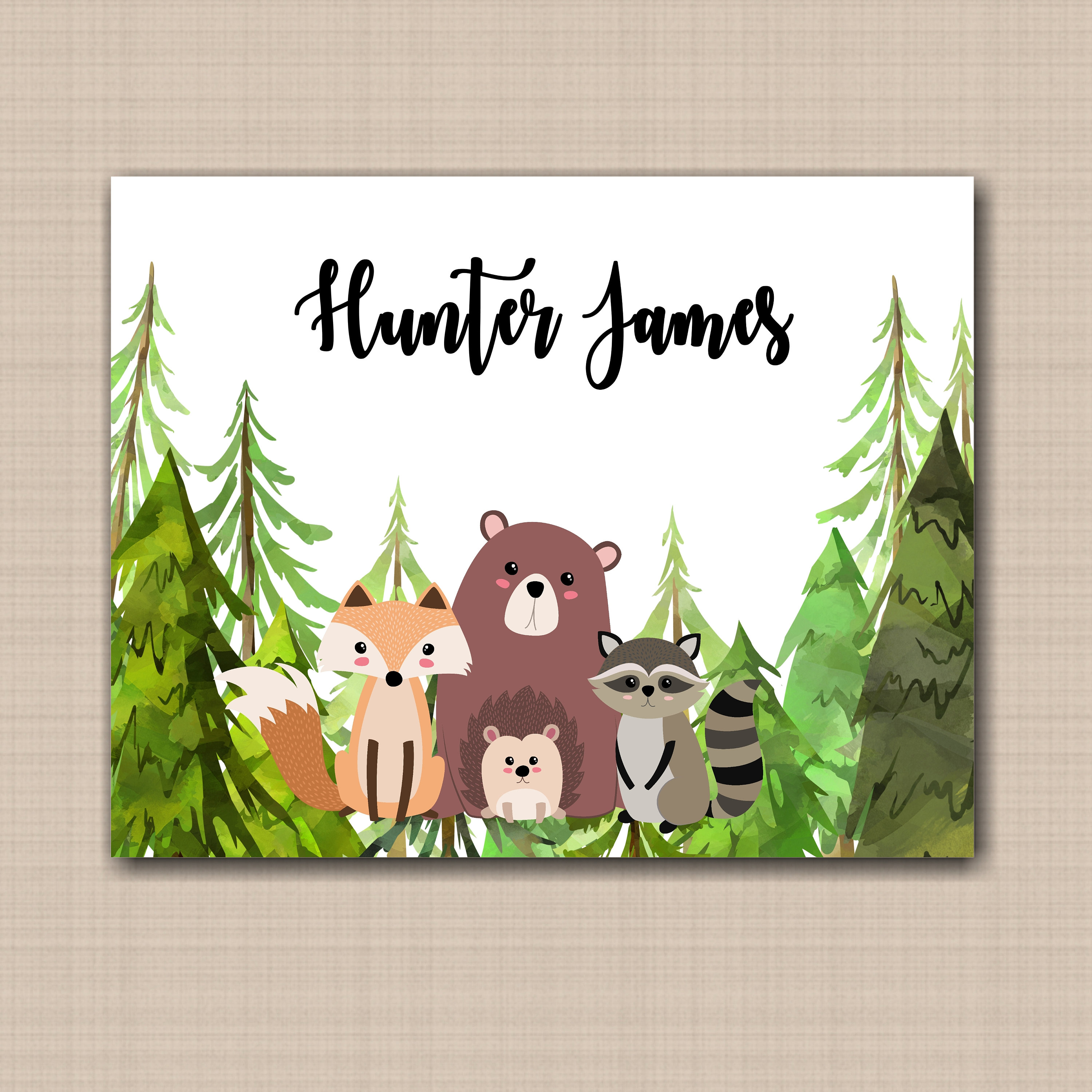 Woodland Animals Nursery Name Wall Art Forest Trees Bear Fox Raccoon ...
