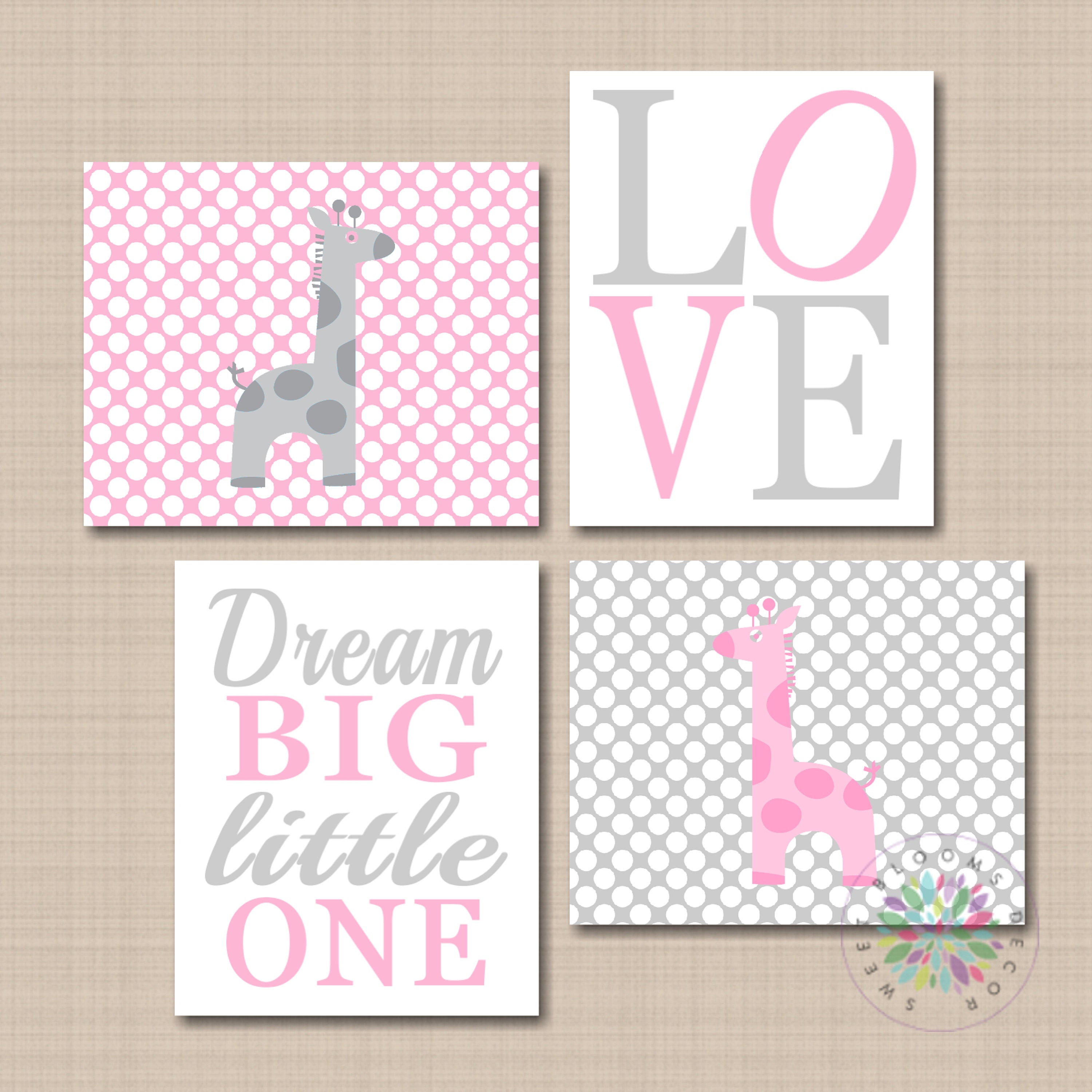Giraffe Nursery Wall Art Pink Gray Polkadots Giraffes Baby Girl Bedroom ...