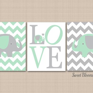 Mint Gray Elephants Nursery Wall Art Chevron Love Hearts Baby Bedroom ...
