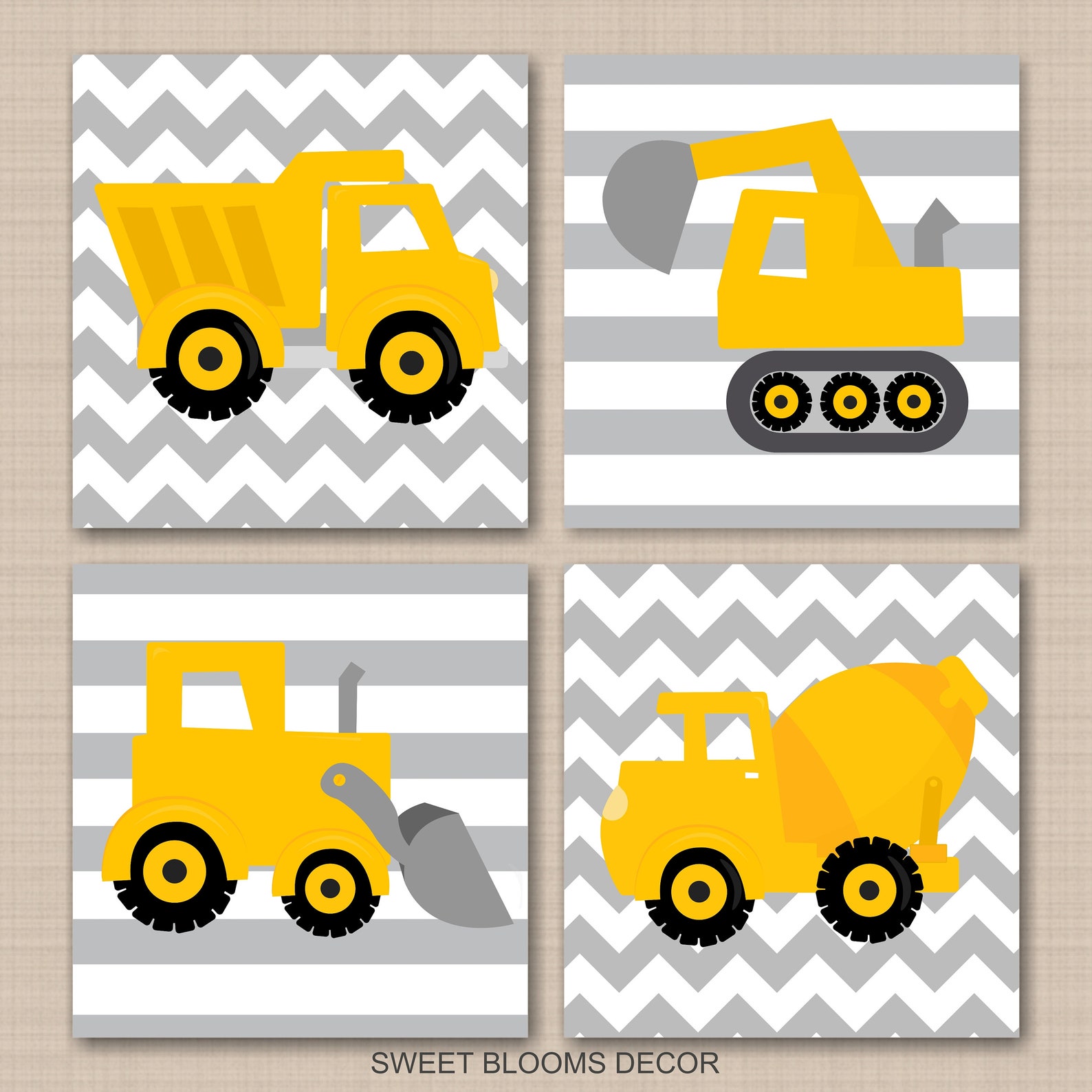 Construction Nursery Wall Art Decor Yellow Gray Chevron | Etsy