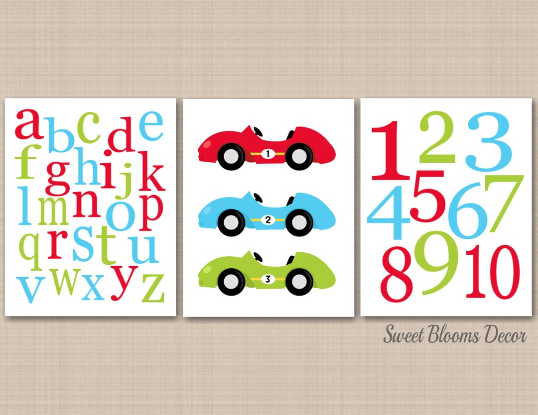 Race Cars Nursery Wall Art 1 2 3 Transportation Alphabet Numbers Red ...