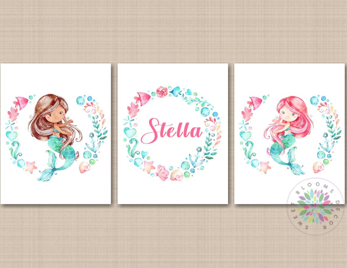Mermaids Wall Art Mermaid Name Room Decor Bathroom Decor Teal - Etsy