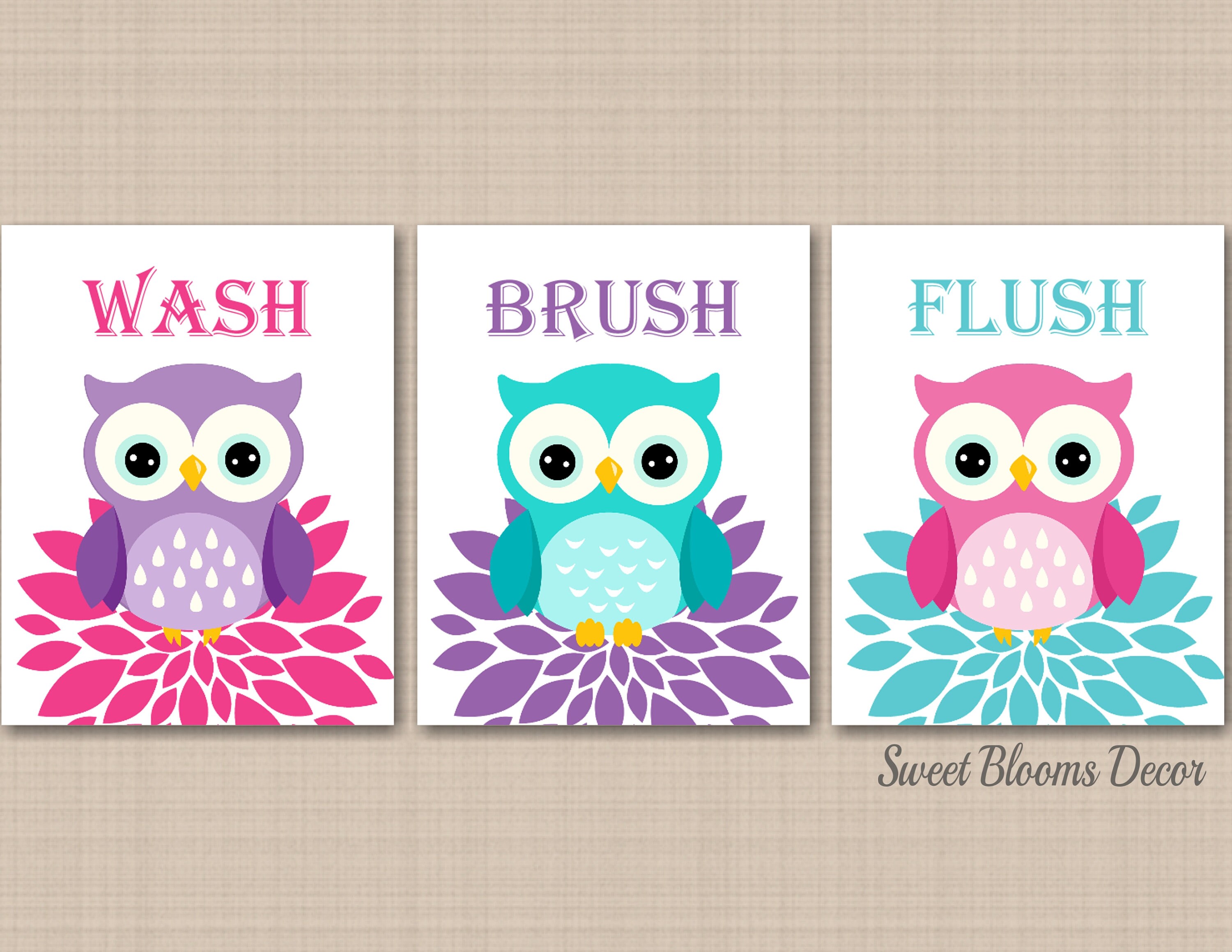 Owl Bathroom Wall Art Owl Kids Bathroom Wall Art,owl Bathroom Decor,owl ...