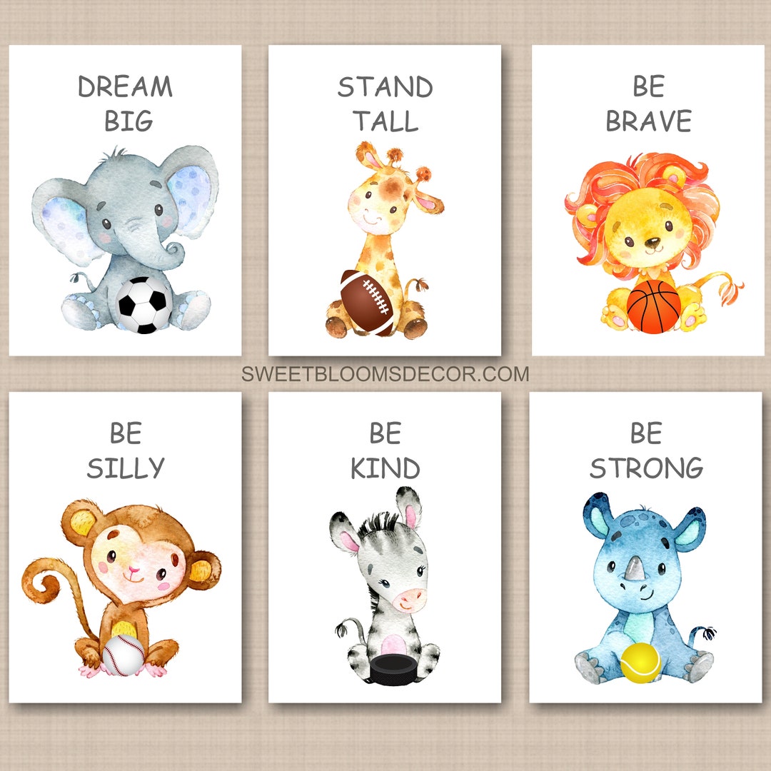 Safari Animals Sports Nursery Wall Art Stand Tall Be Strong Brave Kind ...