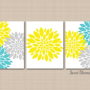 Yellow Gray Teal Floral Wall Art Yellow Gray Aqua Wall Decor Yellow ...