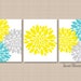 Yellow Gray Teal Floral Wall Art Yellow Gray Aqua Wall Decor Yellow ...