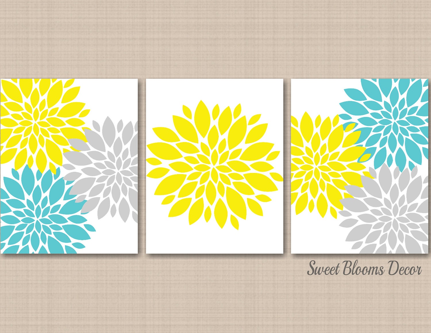 Yellow Gray Teal Floral Wall Art Yellow Gray Aqua Wall Decor | Etsy