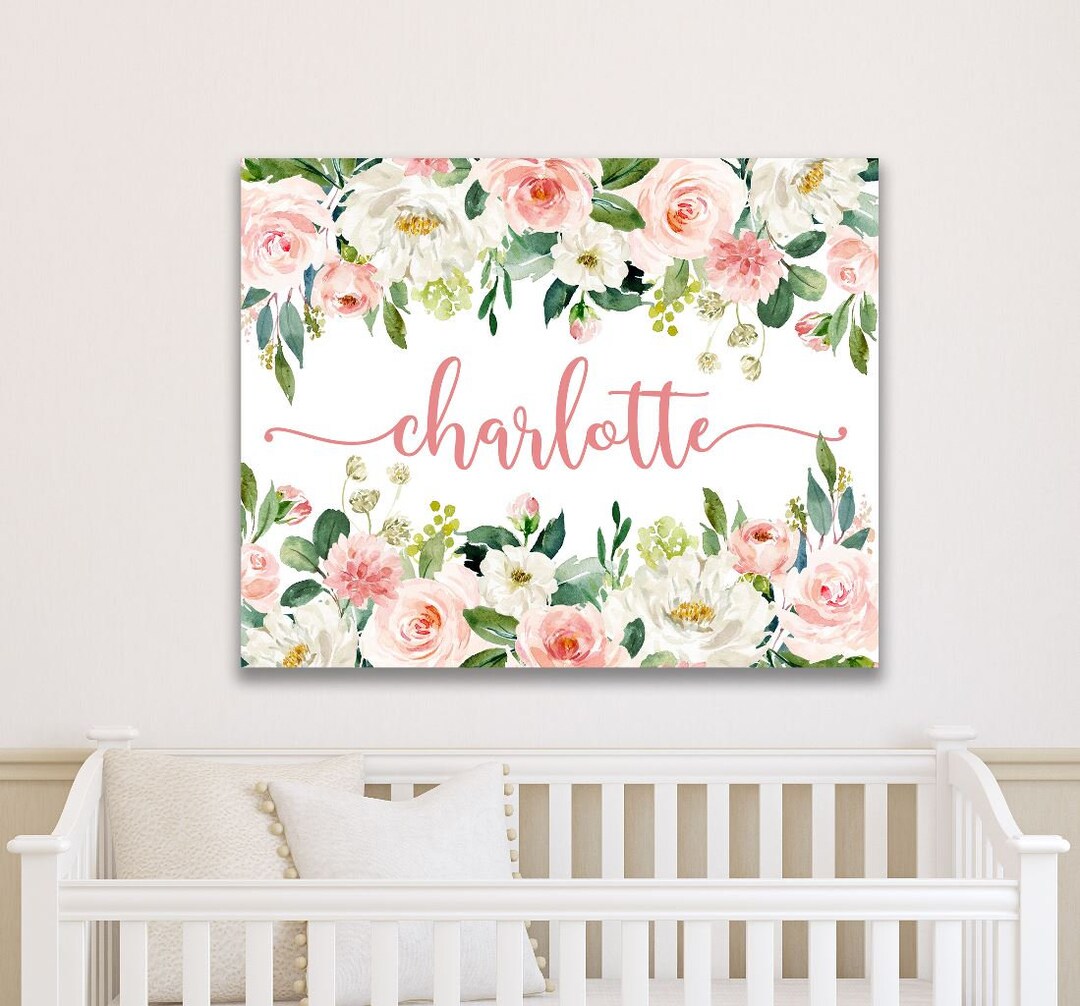 Floral Girl Nursery Name Wall Art Blush Pink Coral Watercolor Flowers ...