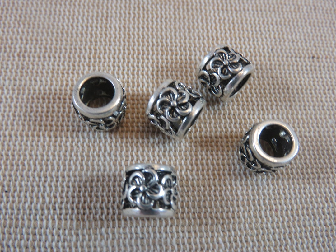 5 Column Beads Engraved Silver Flower 10x8mm in Metal, Set of 5 Hair ...