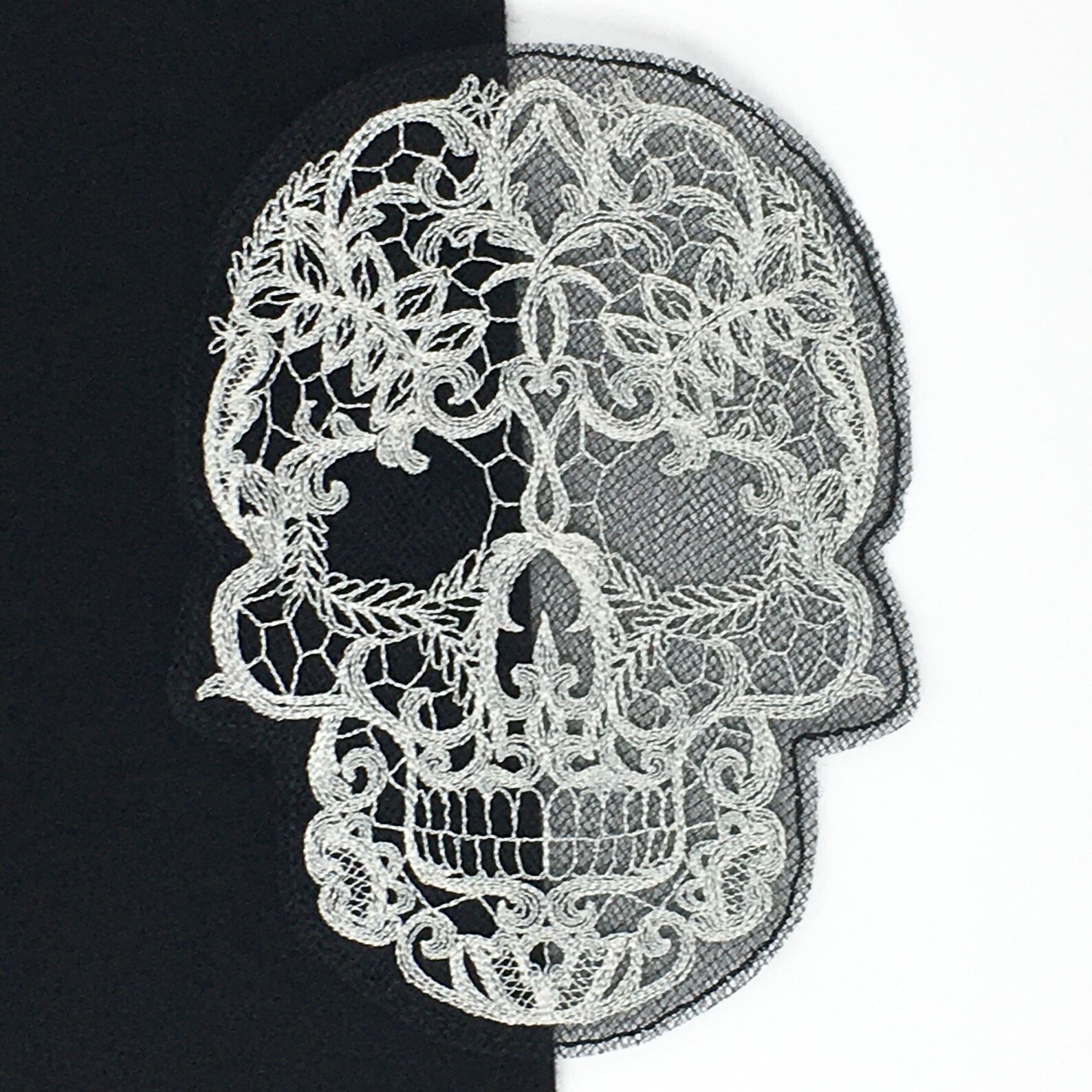 Lace-work Embroidered Skull Large Sew-on Patch or Applique on Net Base ...