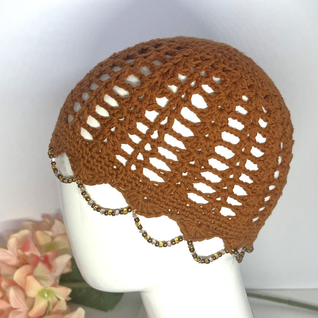 Brown Flapper Hat With Bead Scallop Trim, Carmel Crocheted Juliet Cap ...