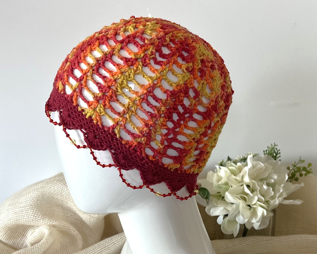 Crochet Flapper Hat With Beads in Red Orange and Yellow - Etsy