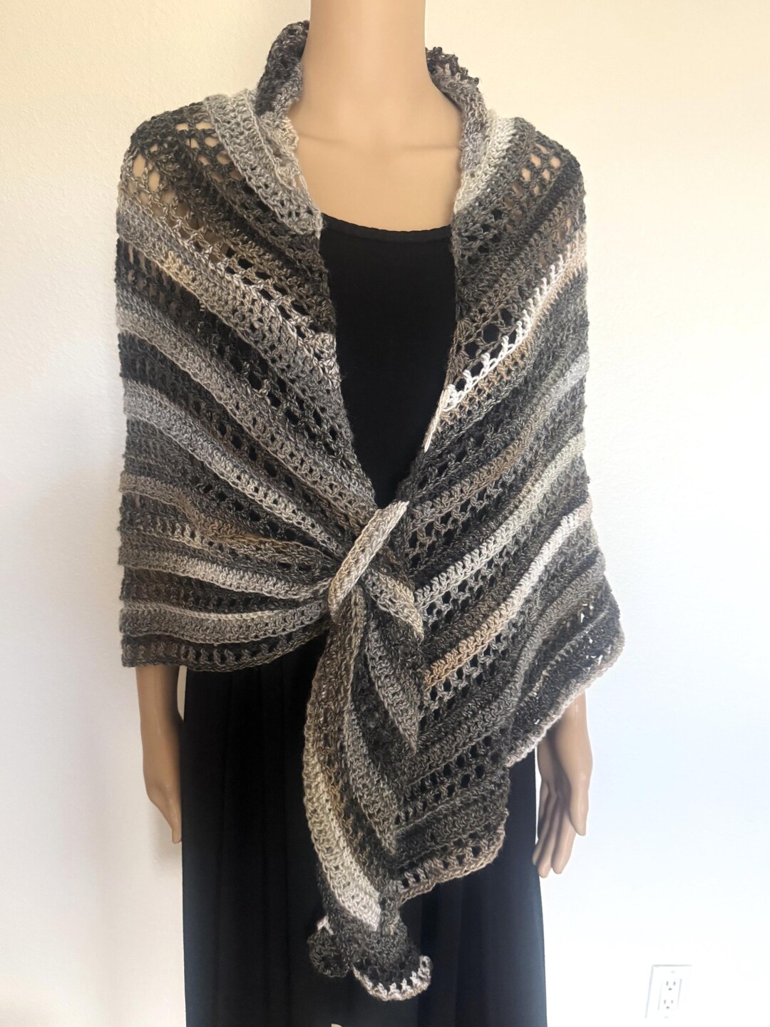 Crochet Triangle Prayer Shawl With End Strap, Soft Gray & White Striped ...